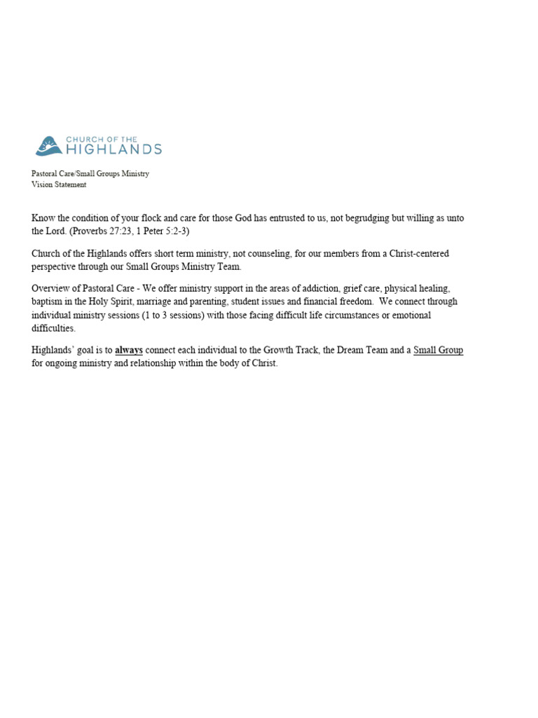 Pastoral Care - Small Groups Ministry Vision Statement | PDF