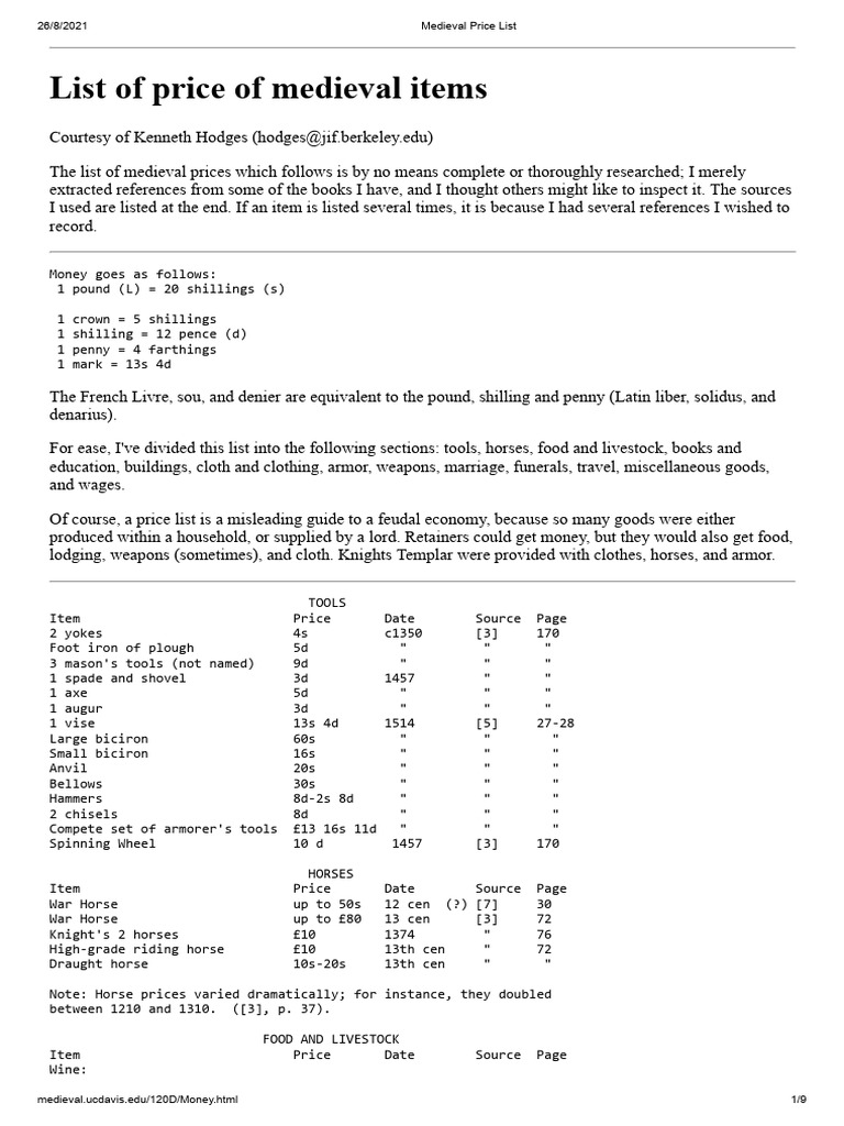Medieval Price List | PDF | Armour | Bed