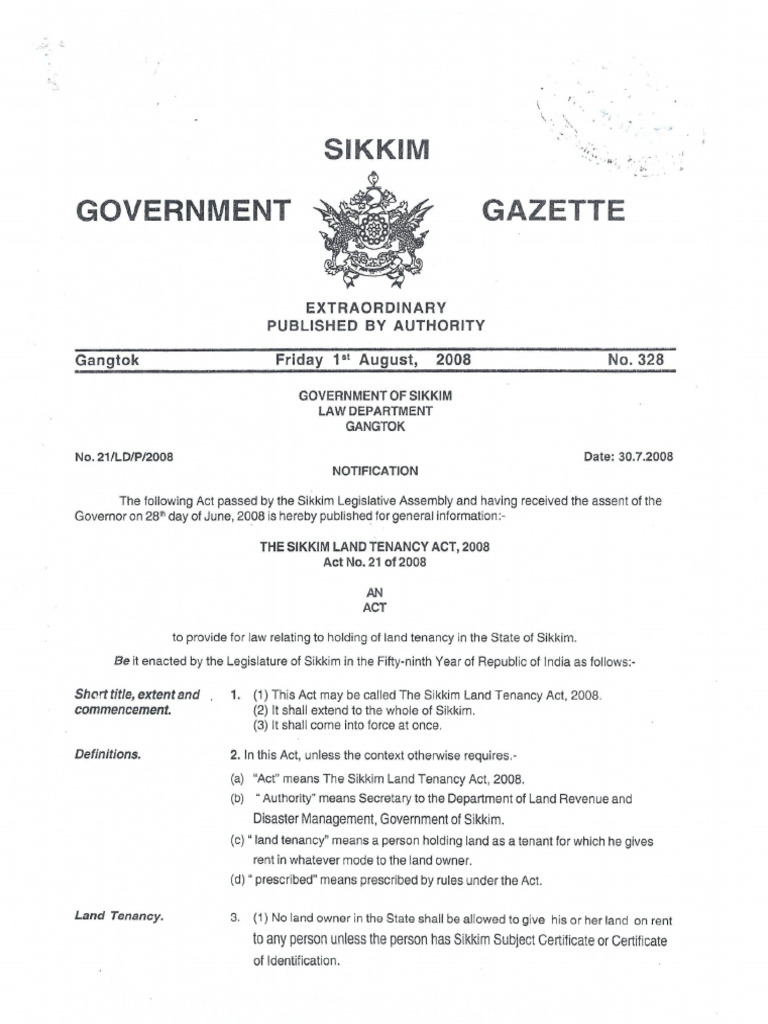 Sikkim Land Tenancy Act, 2008 | PDF | Leasehold Estate | Governance