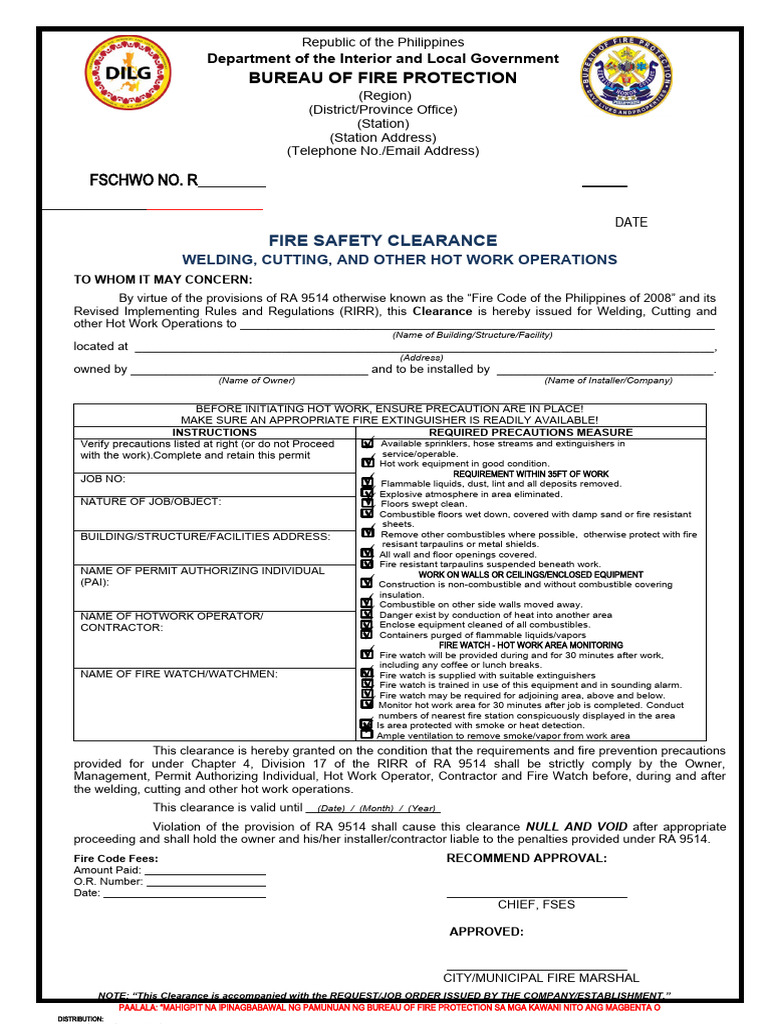 FSED 34F Fire Safety Clearance For Hot Works Operation Rev02 | PDF ...