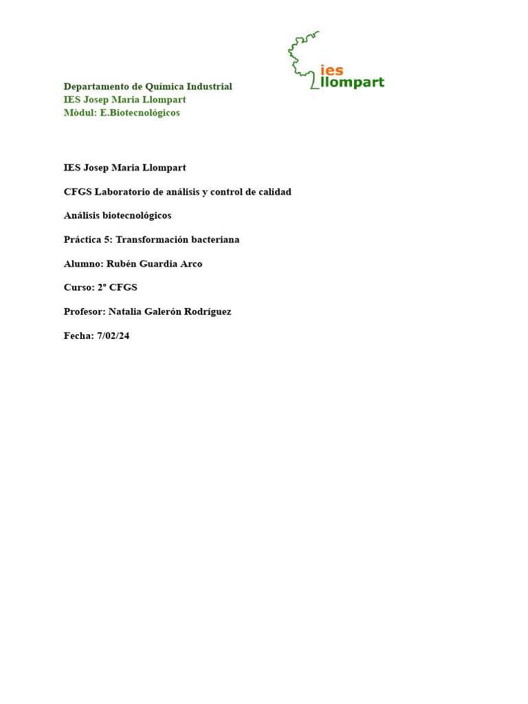 Práctica 5 Biotec | PDF | Plásmido | Transformación (Genética)
