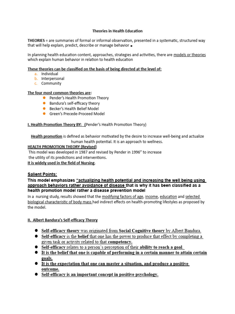 Health Education Theories and Models | PDF | Self Efficacy | Cognitive ...