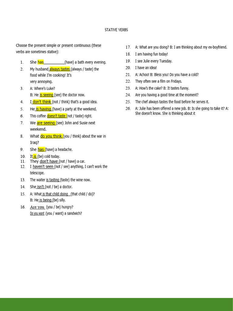 Stative Verbs Exercises and Worksheets | PDF