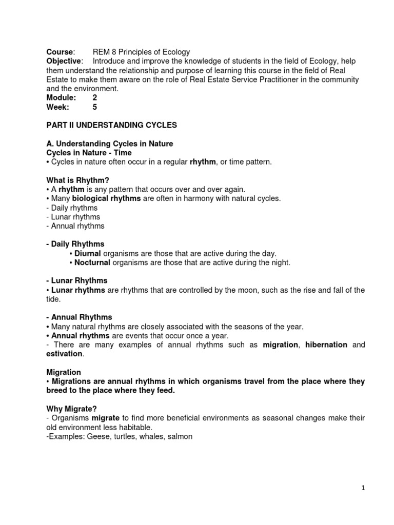 LESSON Week 5 II. Understanding Cycles | PDF | Physiology | Zoology