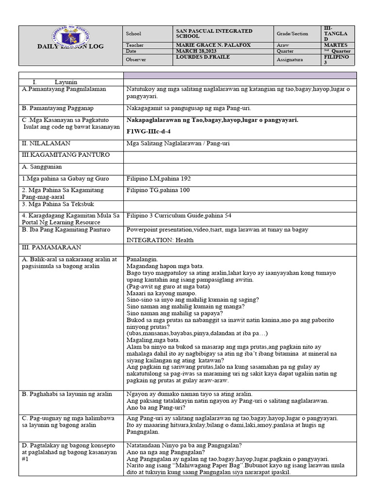 DLL COT 3rd QTR | PDF