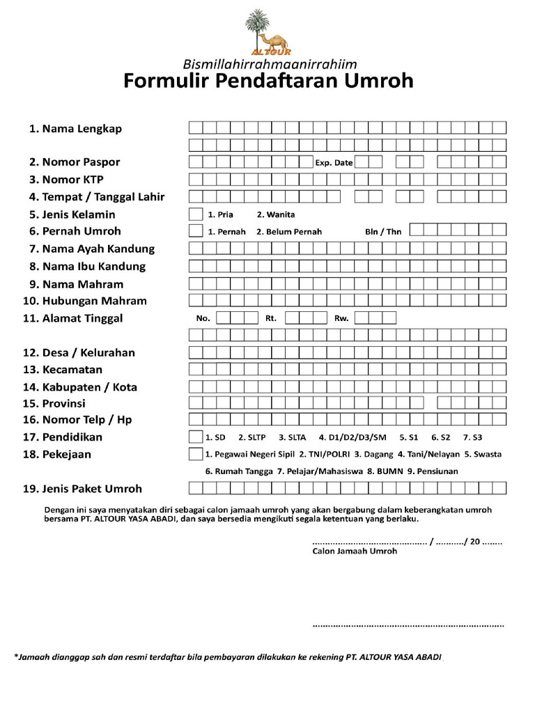 FORMULIR-PENDAFTARAN-UMROH-PT.ALTOUR-YASA-ABADI | PDF