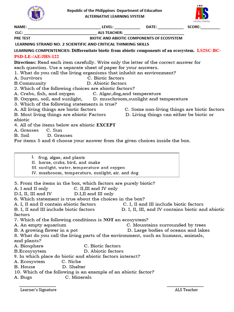 Biotic and Abiotic Activity Ls2 | PDF | Ecosystem | Plants