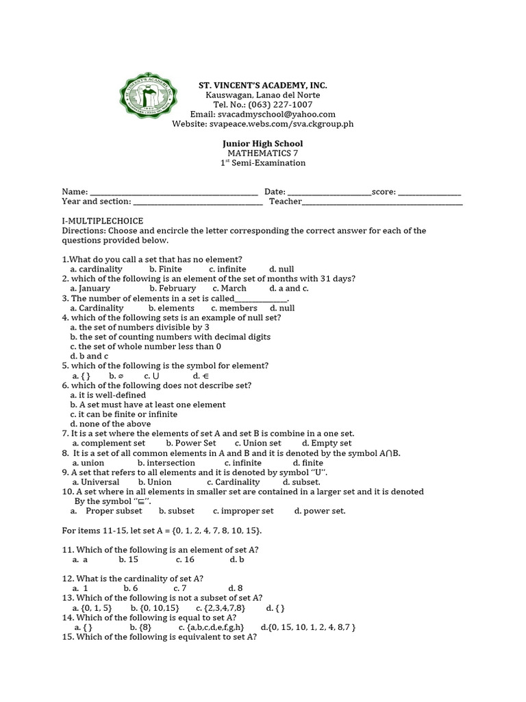 2o23 Math 7 TQ Semi | PDF | Set (Mathematics) | Numbers