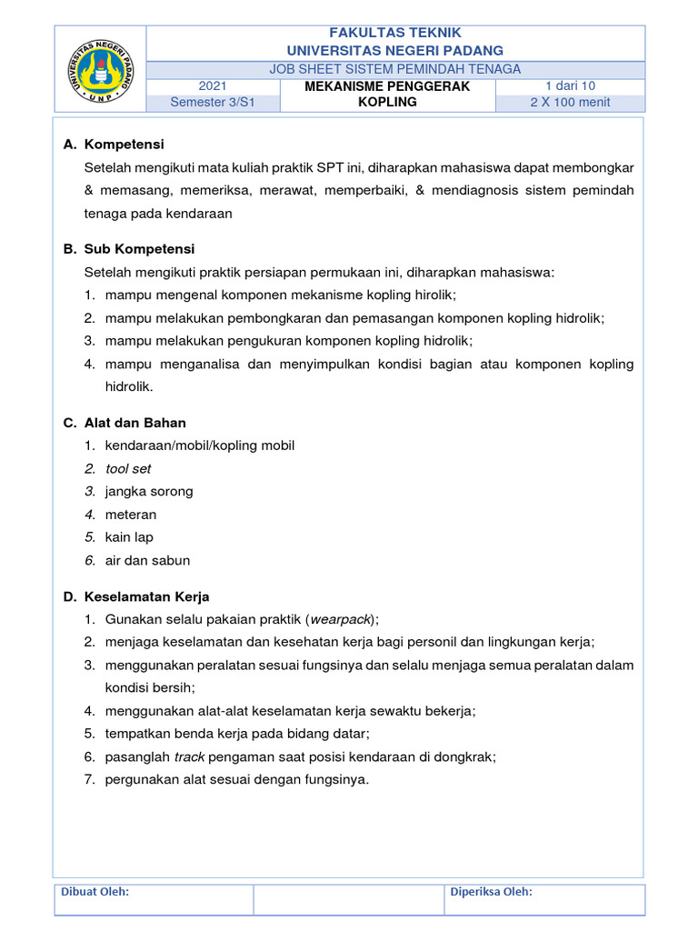 Jobsheet 2 SPT - Mekanisme Penggerak Kopling-1 | PDF