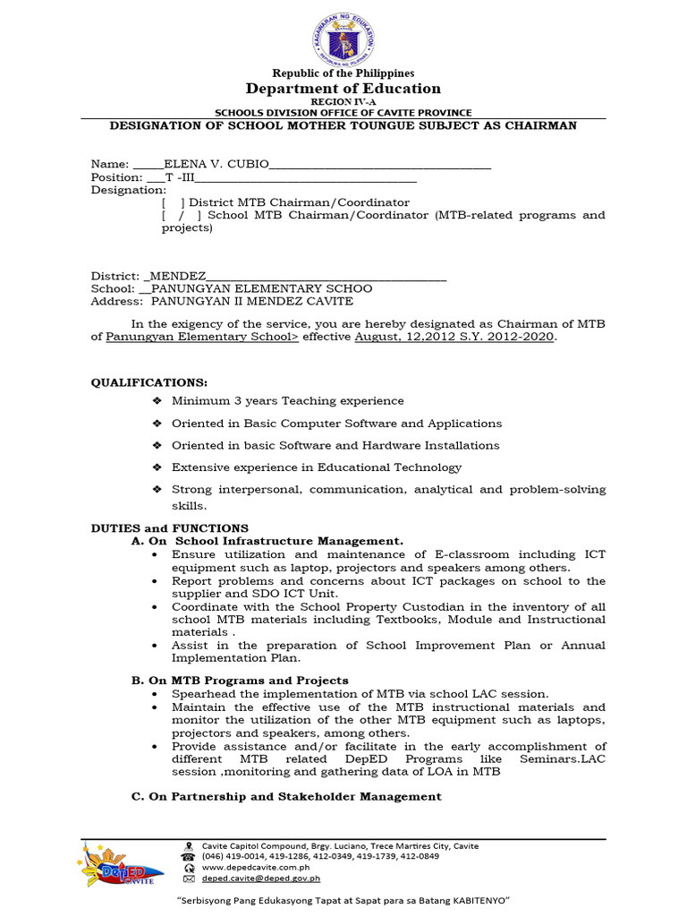 Designation of School ICT Coordinator Long | PDF | Information And Communications Technology ...