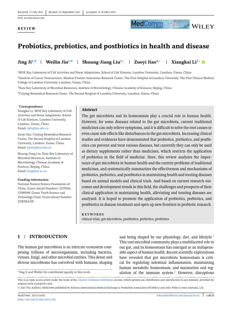 MedComm - 2023 - Ji - Probiotics Prebiotics and Postbiotics in Health ...