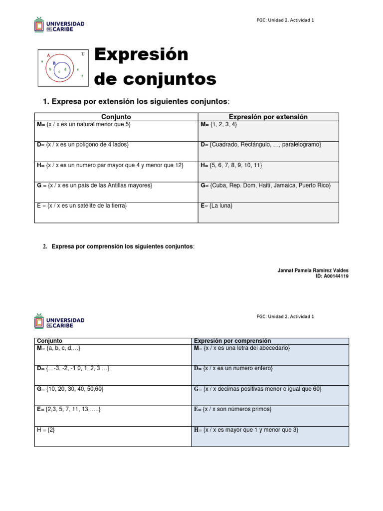 Unidad 2. Actividad 1. Expresiones de Conjuntos | PDF
