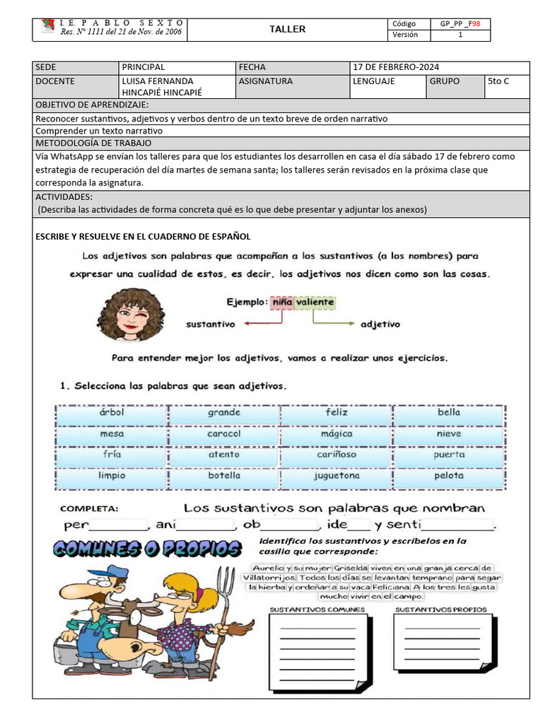 Taller de Lenguaje | PDF | Verbo | Gramática