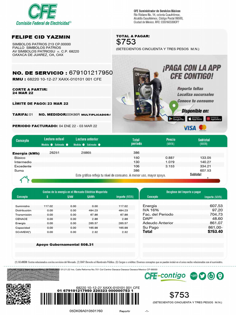 Felipe Cid Yazmin: Rmu: 68220 10-12-27 XAXX-010101 001 CFE | PDF ...