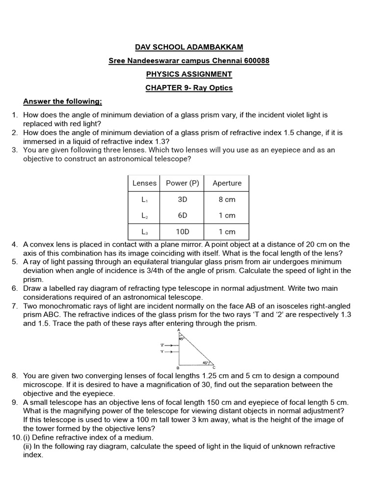 12 Phy Assignment Ray Optics 1695915852 | PDF | Electromagnetism ...