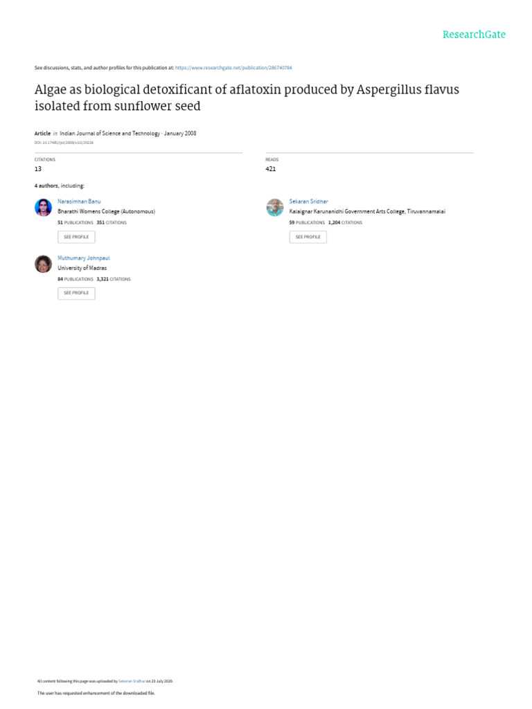 Algae As Biological Detoxificant of A Atoxin Produced by Aspergillus ...