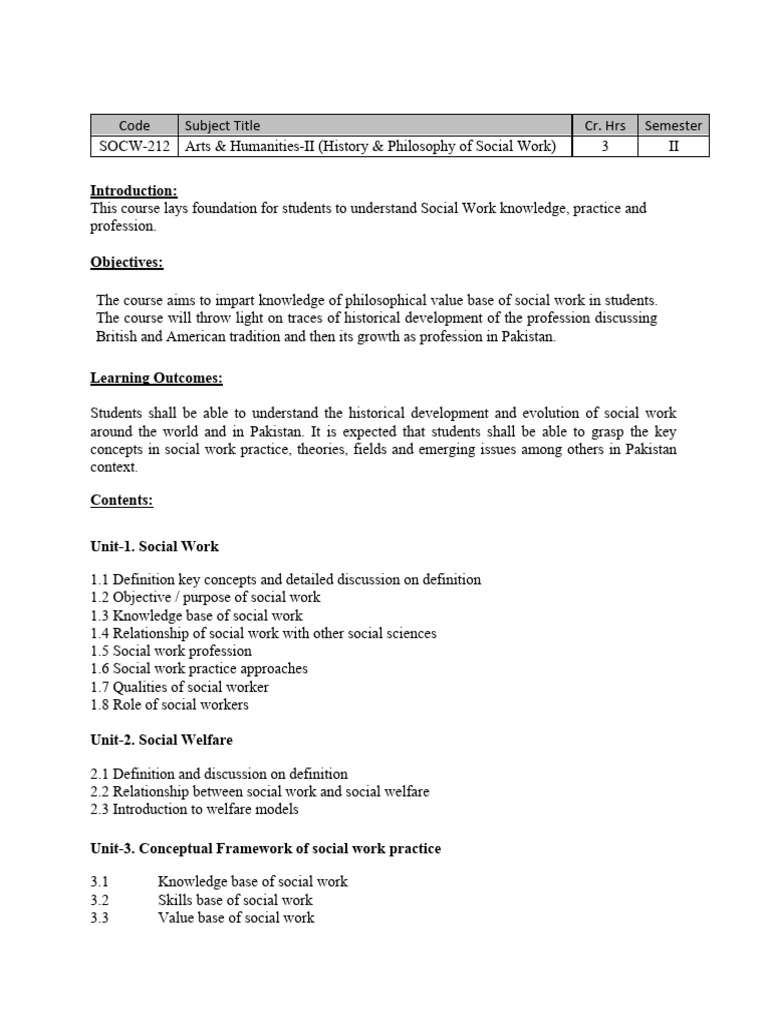 Course Outlines History & Philosophy of SW | PDF | Social Work | Concept