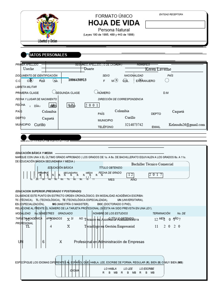 X1 Formato Unico Hoja De Vida Persona Gobierno Pdf Servicio Civil