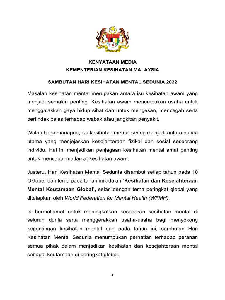 Kenyataan Media YBMK - Hari Kesihatan Mental Sedunia 2022 | PDF