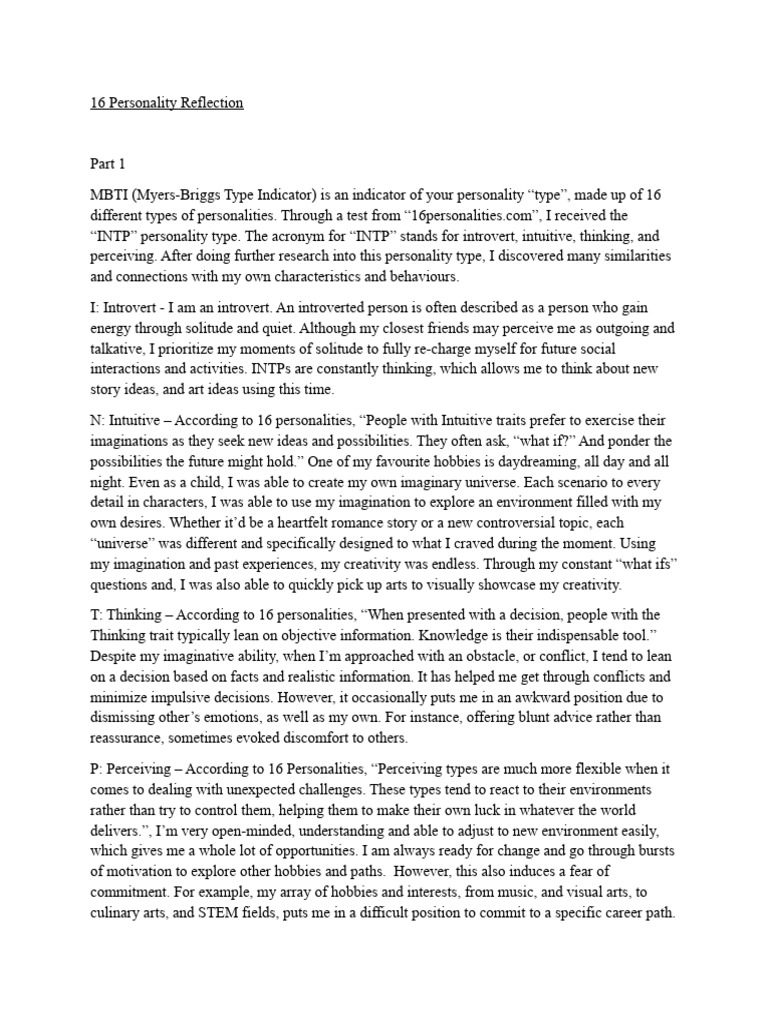Mbti Reflection | PDF | Thought | Extraversion And Introversion