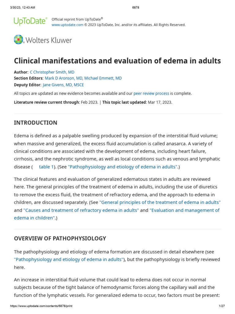 Clinical Manifestations and Evaluation of Edema in Adults | PDF | Edema ...