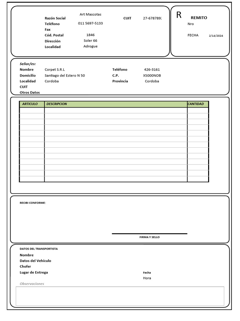 Planilla de Excel Remito | PDF Planilla de Excel Remito | PDF