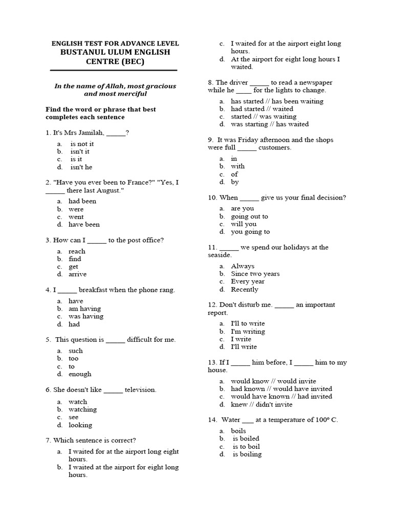 English Test For Advance Class | PDF