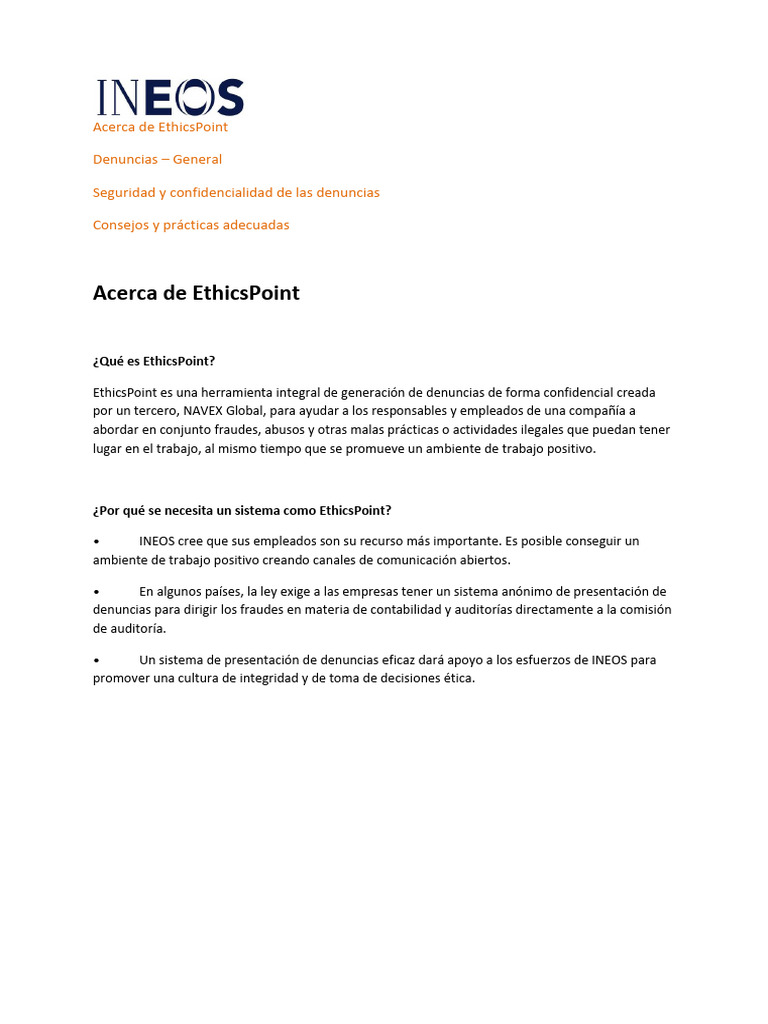 EthicsPoint: Denuncias Confidenciales | PDF | Anonimato | Internet