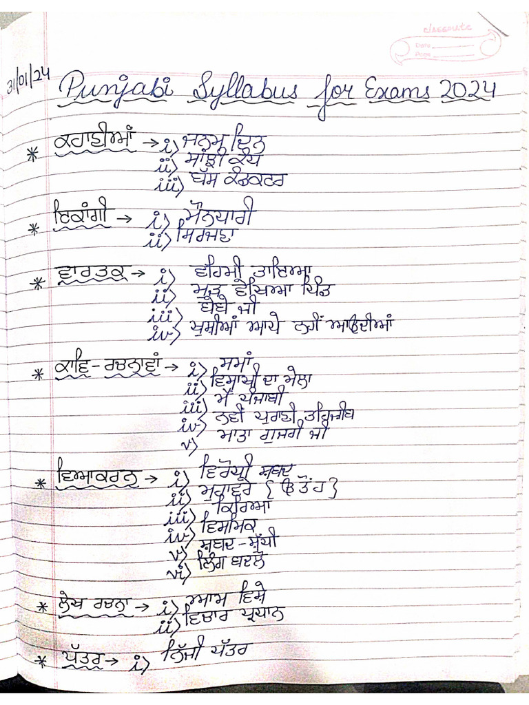 IX Punjabi Final Exam Syllabus | PDF