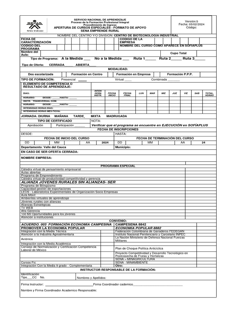 Ficha de Apertura Cursos Ser 2024 - Solicitud | PDF