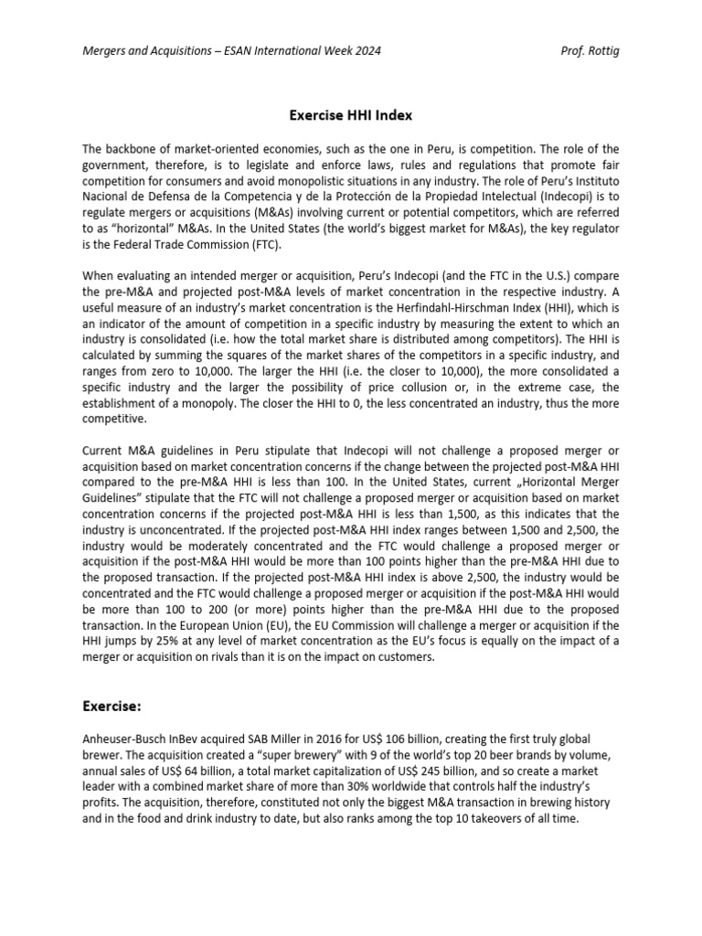 HHI Index Exercise Guidelines | PDF | Mergers And Acquisitions | Monopoly