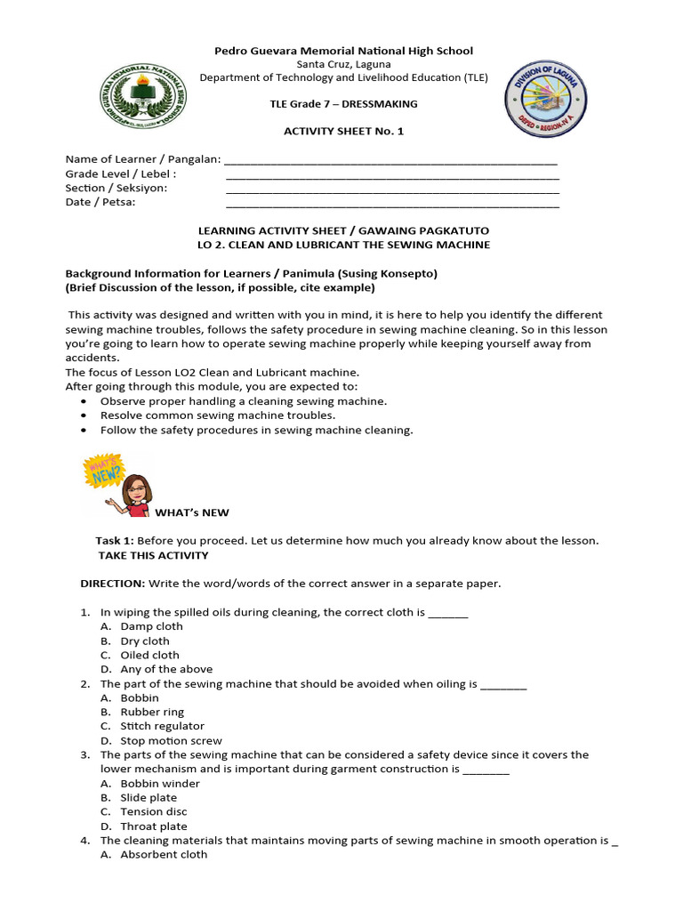 Dressmaking Worksheet | PDF | Sewing Machine | Sewing