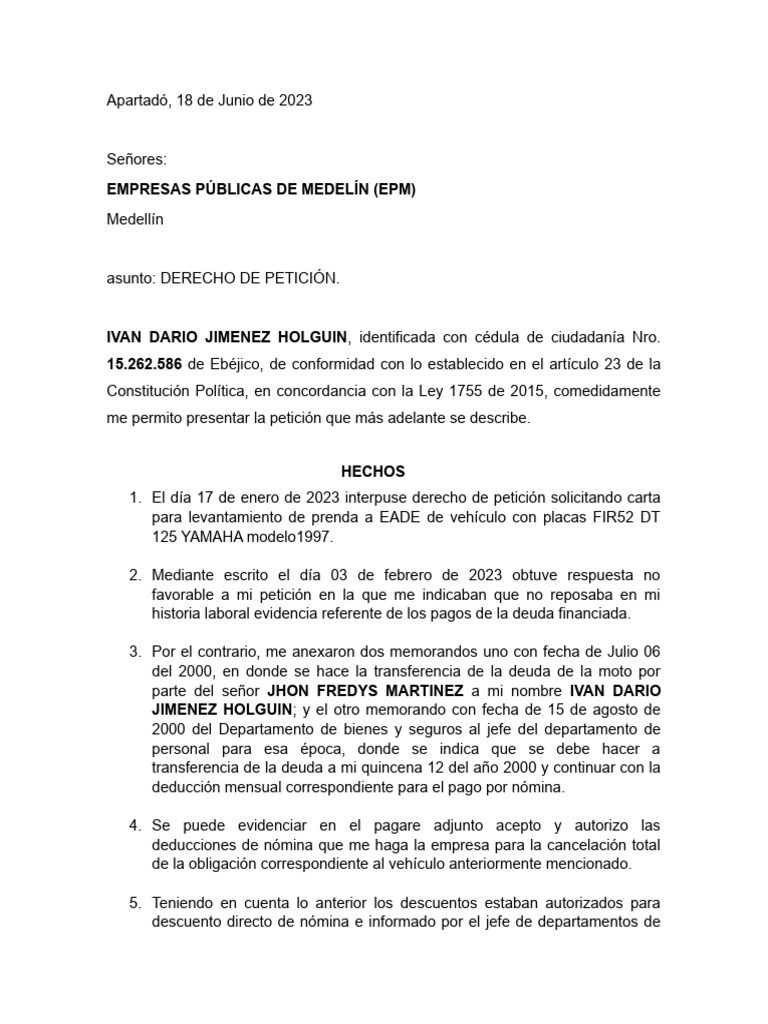 Derecho de Petición EPM | PDF