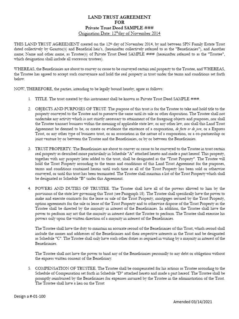 Private Land Trust Agreement Sample | PDF | Trust Law | Trustee