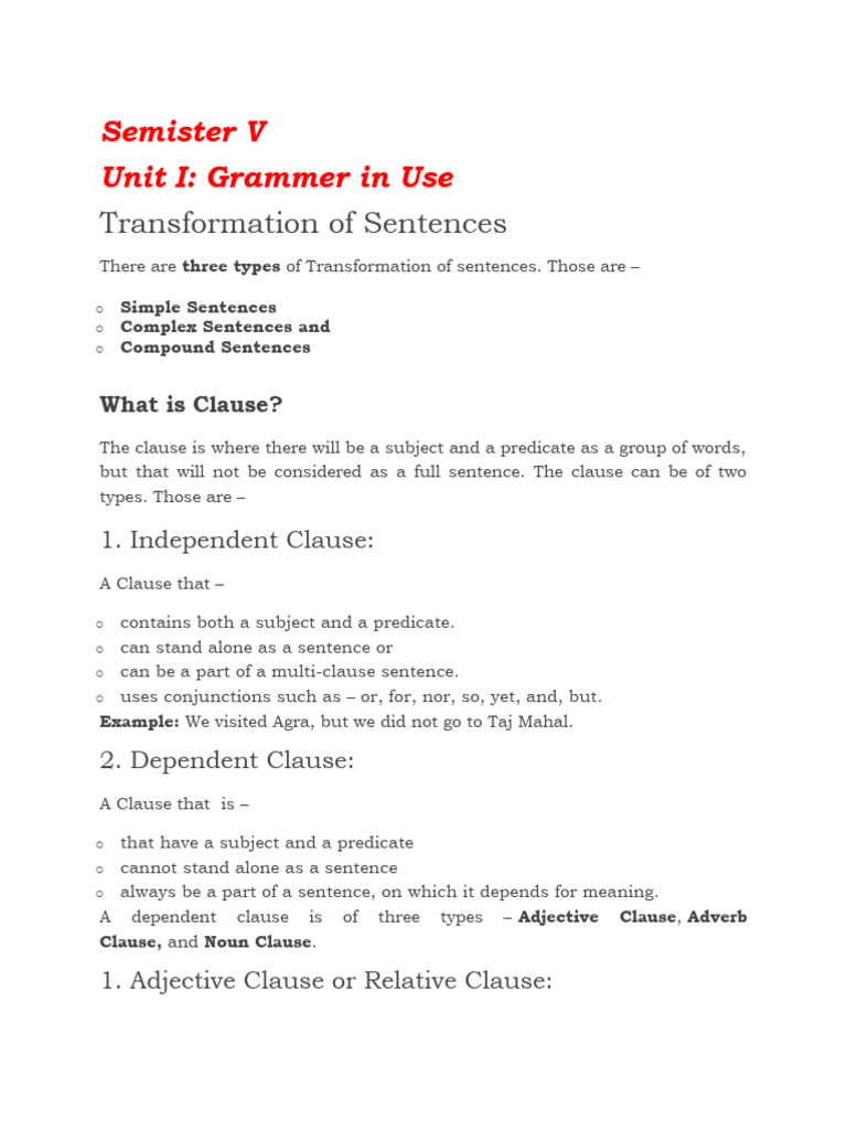 English 5th Semester Unit 1 Grammer in Use Transformation of Sentenses ...