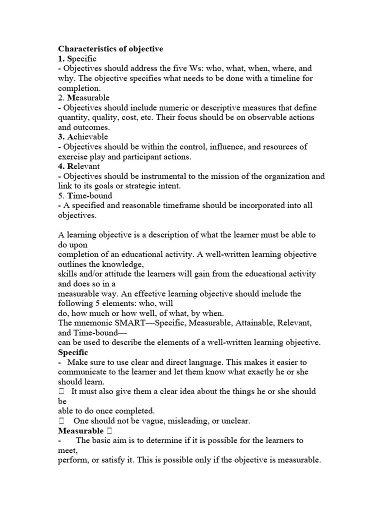 Characteristics of Objective | PDF | Goal | Learning