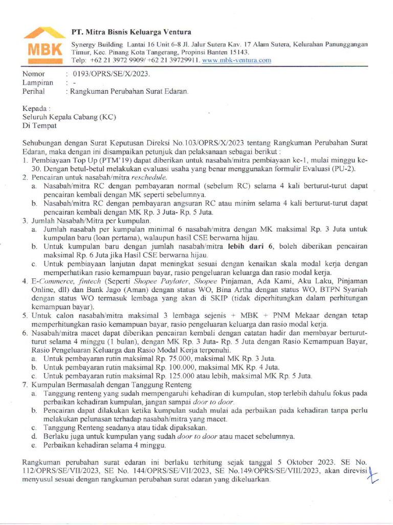 Surat Edaran No 193 Tentang Kebijakan Operasional Oktober 2023 | PDF