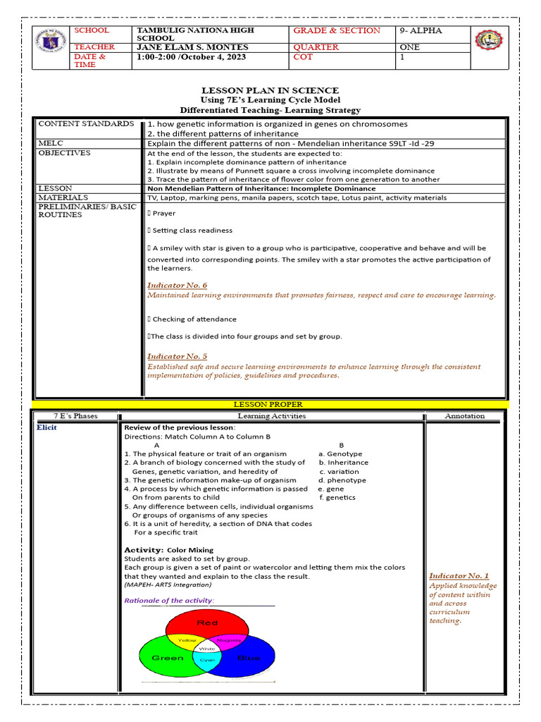 CO1 7 E's LESSON PLAN Science 9 | PDF | Dominance (Genetics) | Genotype