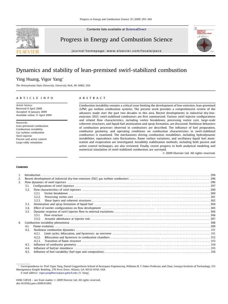2009_Ying Huang_Dynamics and Stability of Lean-premixed Swirl-stabilized Combustion | PDF ...