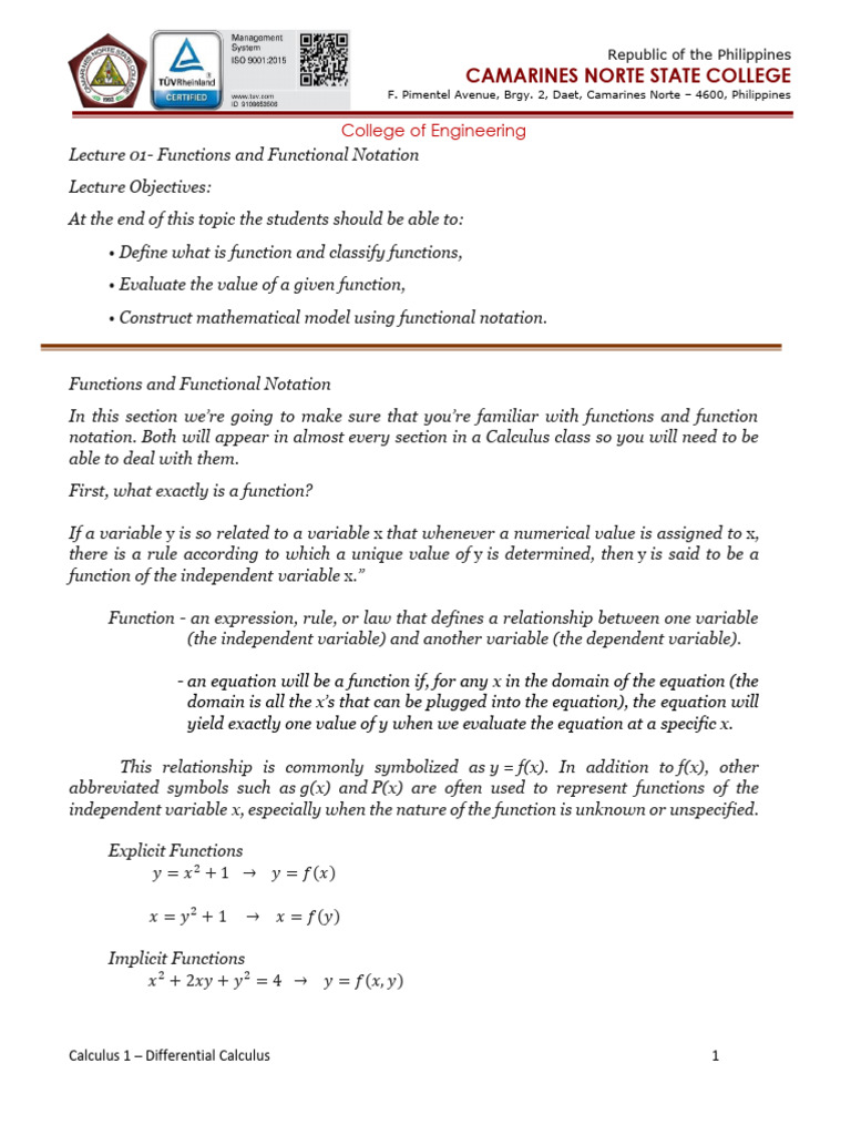 Lecture 01 Functions and Functional Notation | PDF | Variable (Mathematics) | Function (Mathematics)