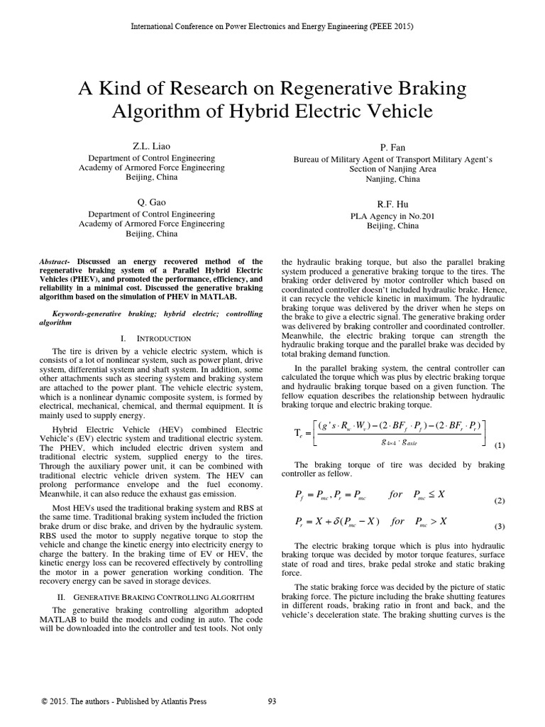 A Kind of Research On Regenerative Braking Algorithm of Hybrid Electric Vehicle | PDF | Brake ...