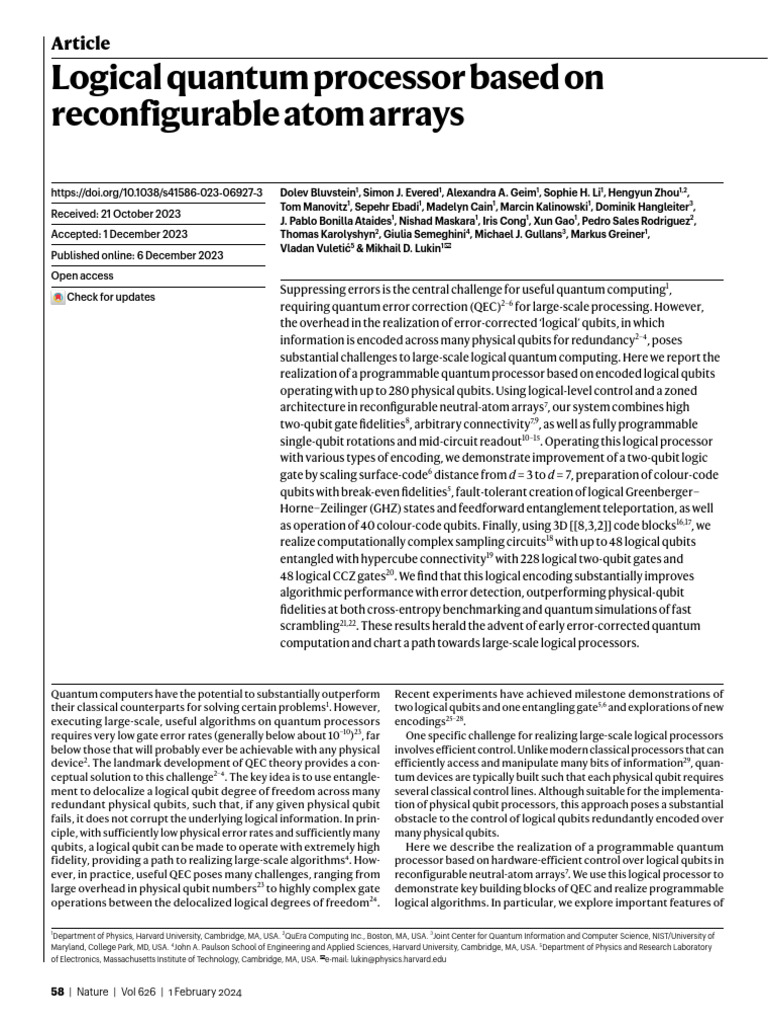 Logical Quantum Processor Based On Reconfigurable Atom Arrays | PDF | Quantum Computing ...