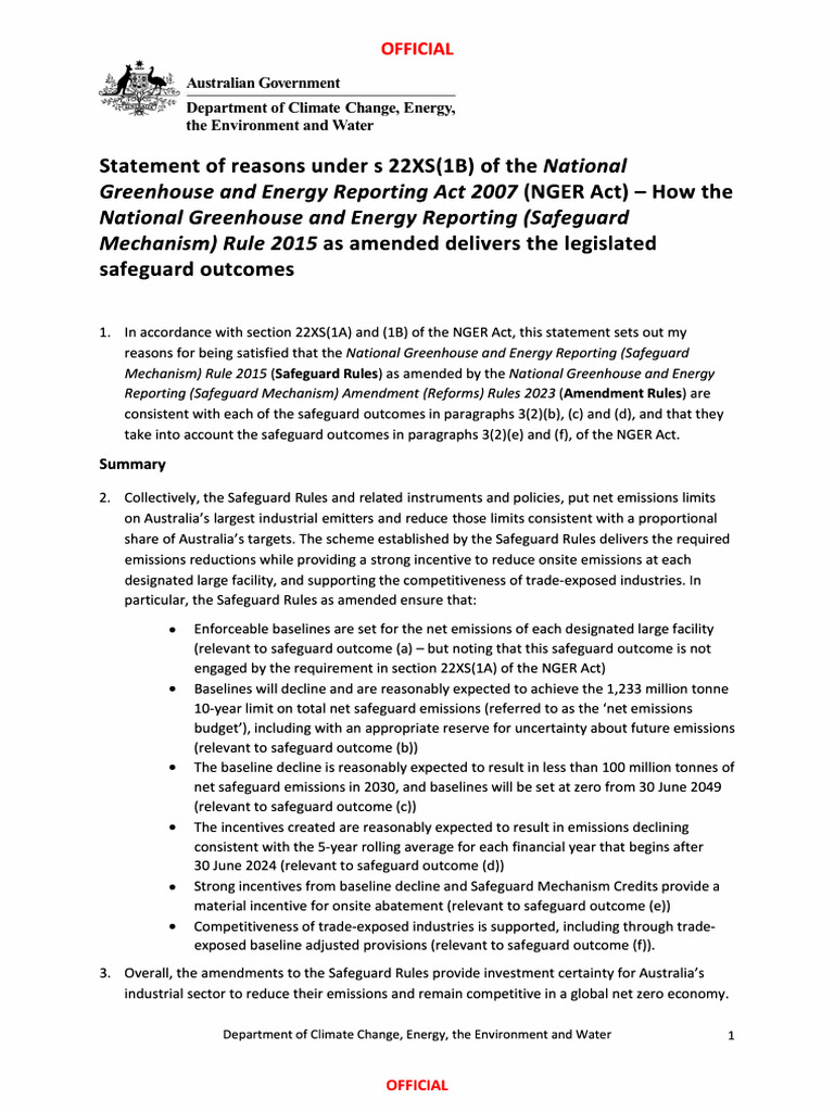 Statement of Reasons Safeguard Mechanism | PDF | Climate Change ... Statement of Reasons Safeguard Mechanism | PDF | Climate Change ...