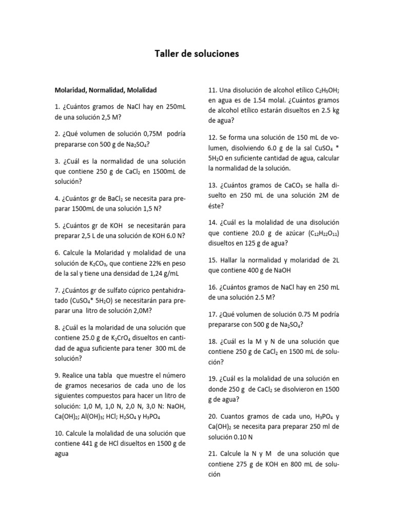 Taller 1 Soluciones | PDF | Concentración | Ácido clorhídrico