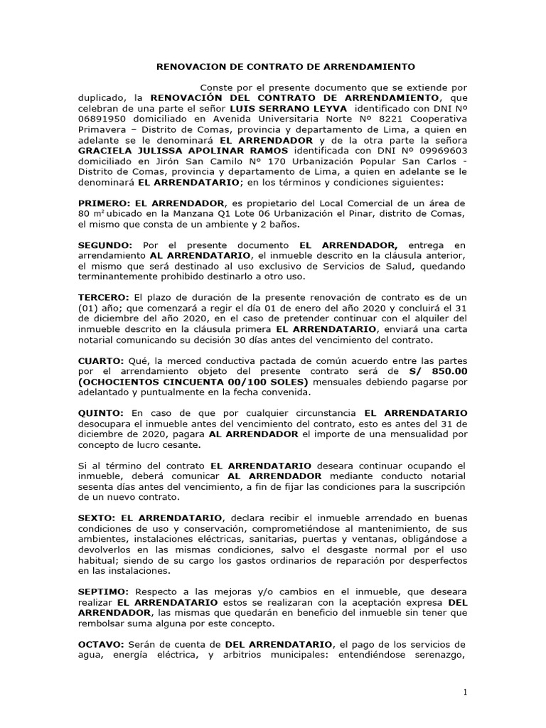Contrato de Arrendamiento - Graciela Julissa Apolinar Ramos 2020 | PDF ...