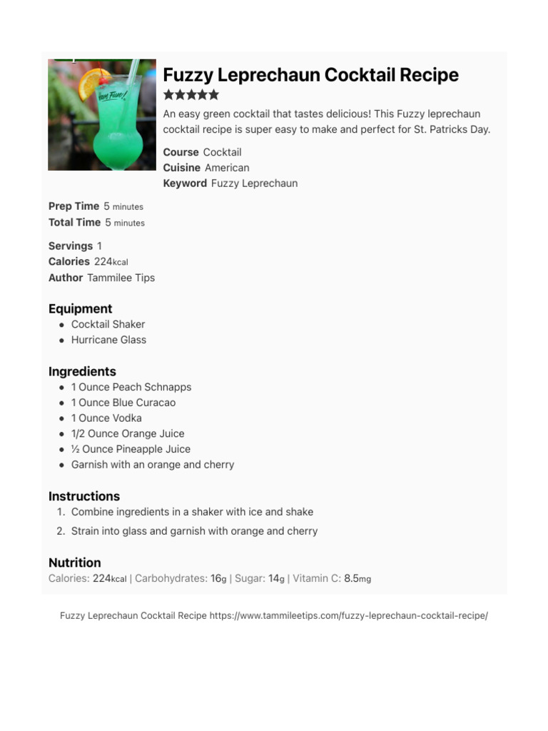 Fuzzy Leprechaun Cocktail Recipe - Tammilee Tips | PDF