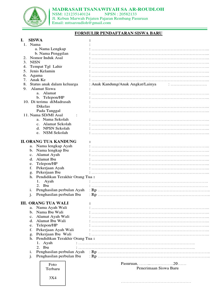 Formulir PPDB MTS Sa Ar-Roudloh 2023 (Offline) | PDF