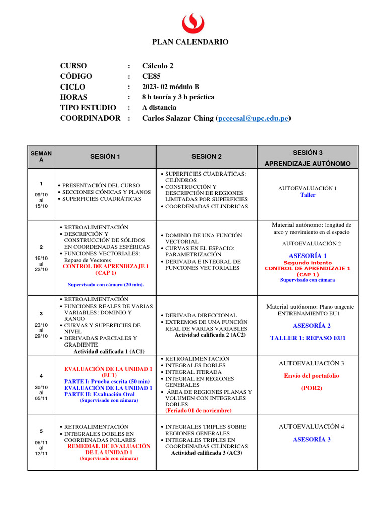 Calendario Cálculo 2 UPC 2023-2 | PDF | Integral | Evaluación