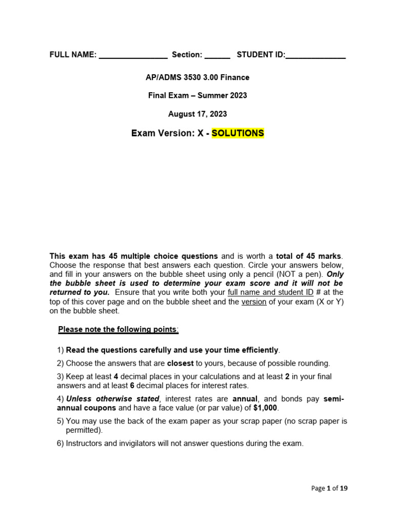 3530 SU23 Final Exam - Type X - Solutions (Post) | PDF | Net Present ...