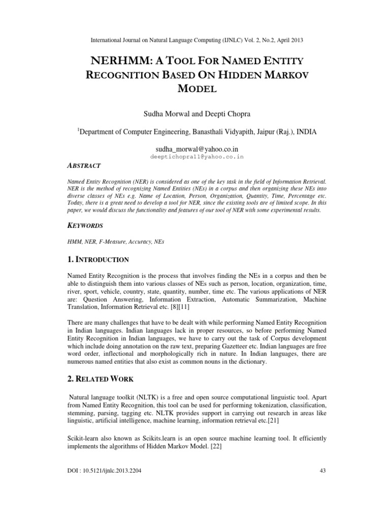 NERHMM: A Tool For Named Entity Recognition Based On Hidden Markov Model | PDF | Statistical ...